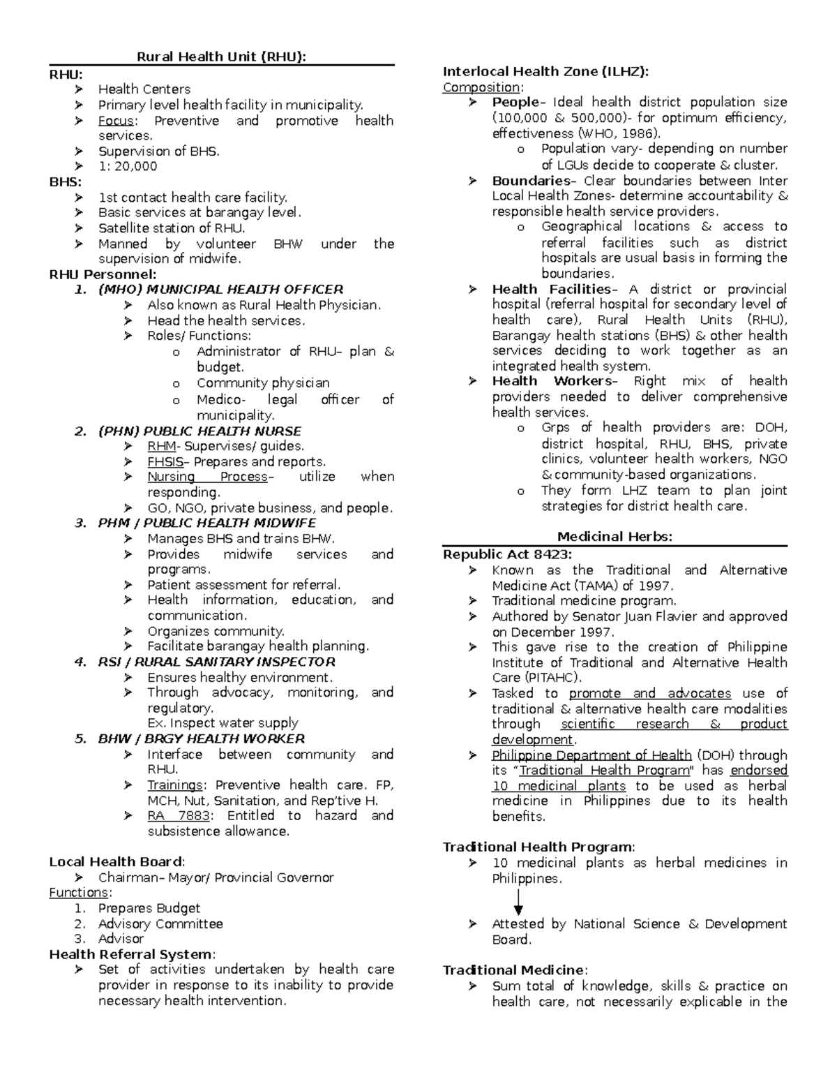 CHN LEC: Rural Health Unit & Medicinal Herbs Overview - Studocu
