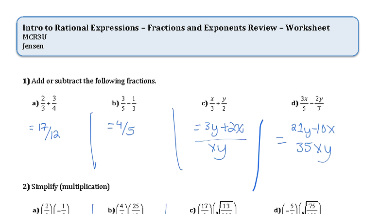 MCR3U Math 20 - Rational Expressions & Exponents Review Worksheet - Studocu