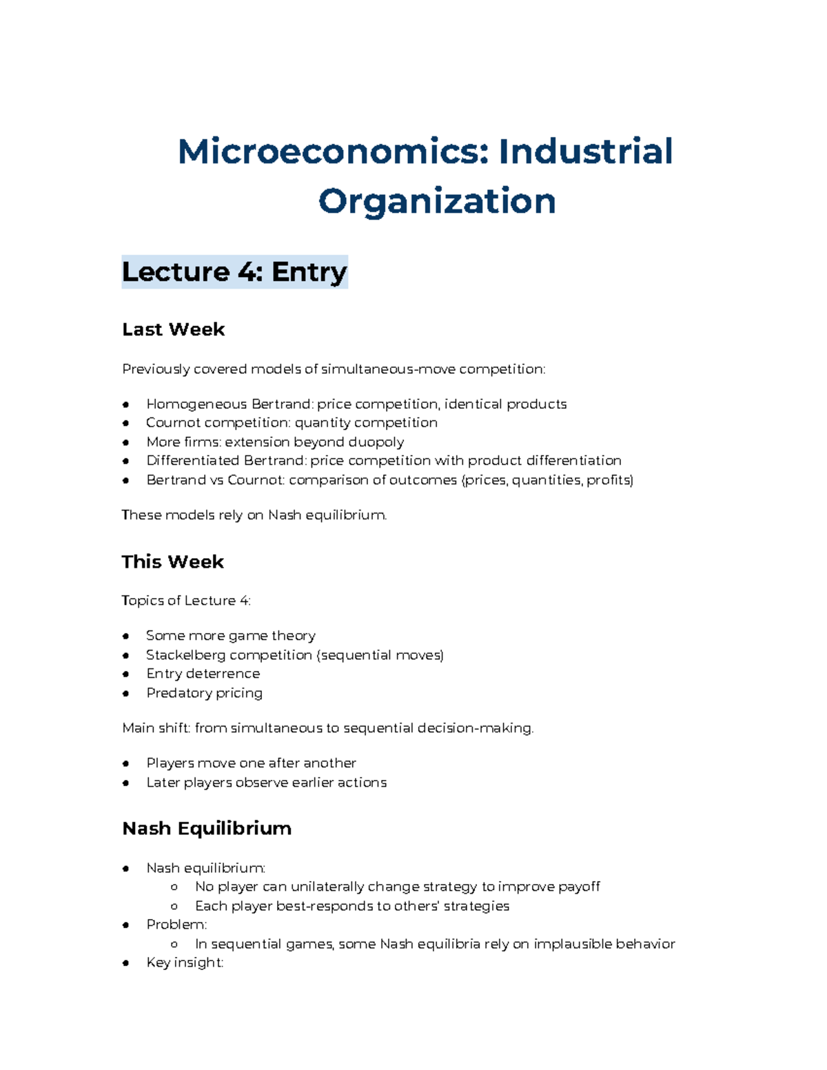 Microeconomics: Industrial Organization Lecture 4 - Entry and Game ...