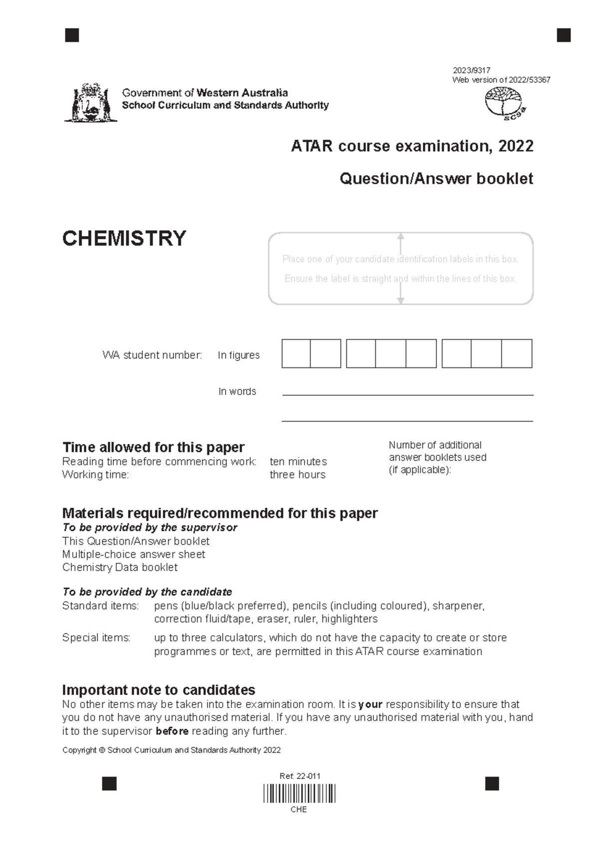 2022 CHEMISTRY ATAR Course Exam Booklet - Studocu