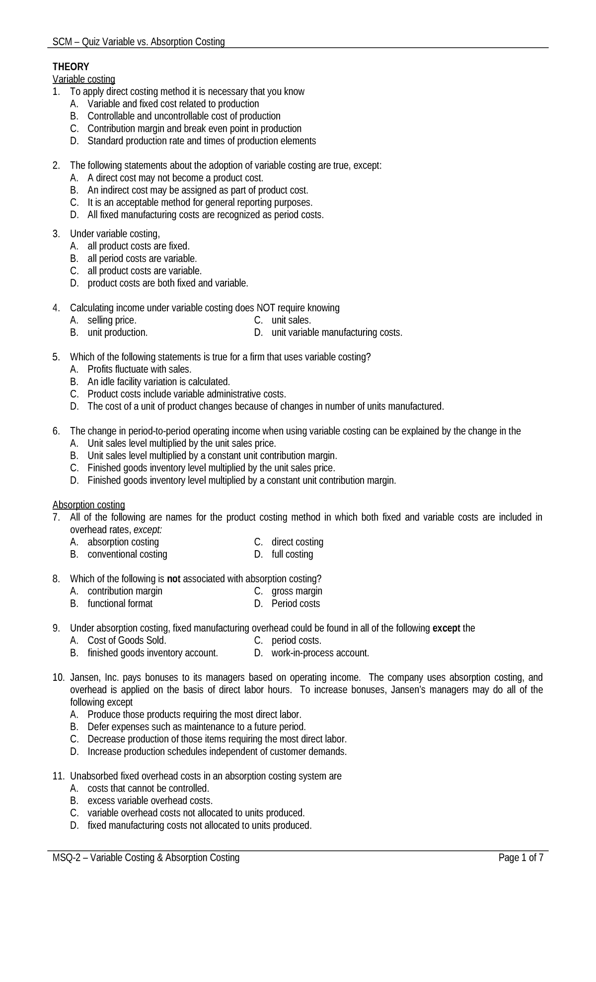 SCM Quiz Variable vs - Bhm - THEORY Variable costing To apply direct ...