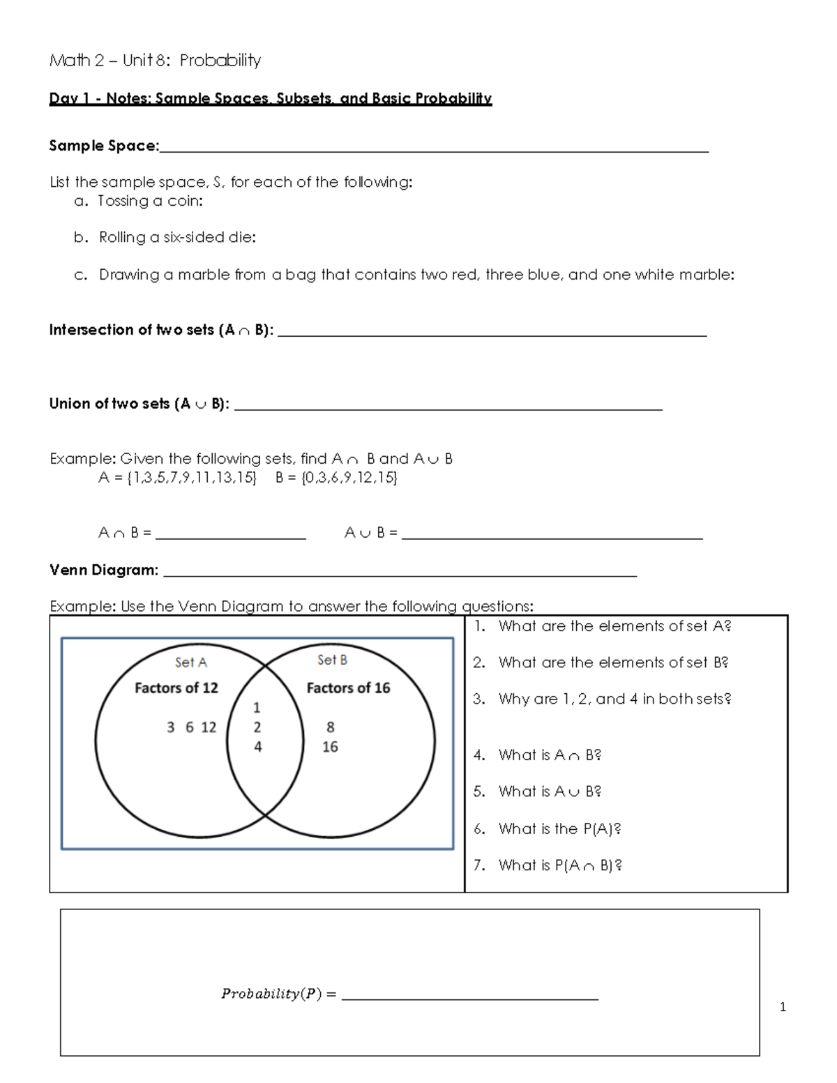 Math 2 Unit 8: Probability Day 1 Notes on Sample Spaces and Events ...