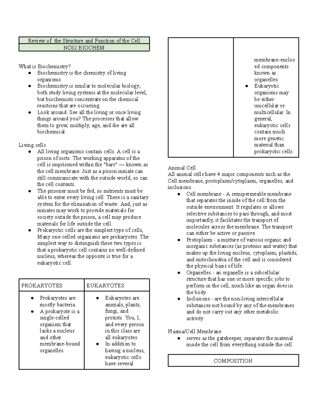 NC02 BIOCHEM: Overview of Cell Structure and Function - Studocu