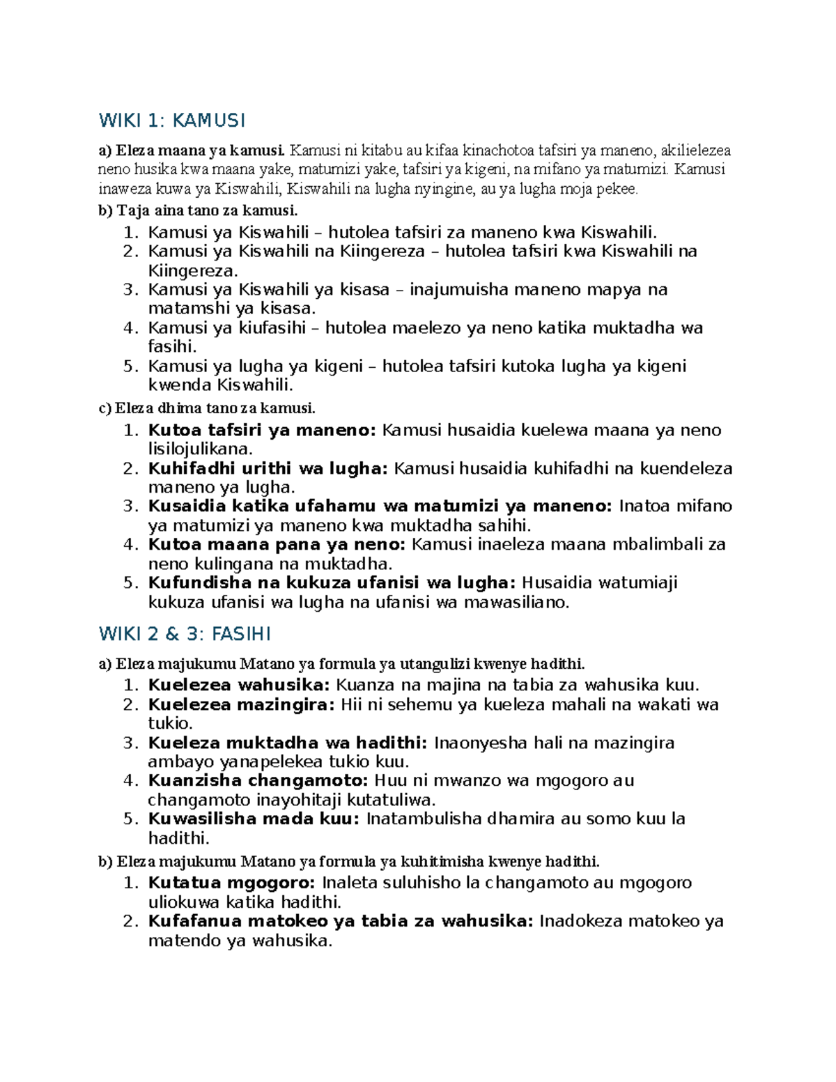 KIswahili 101: Kuingia Katika Kamusi na Fasihi - Nota za Masomo - Studocu