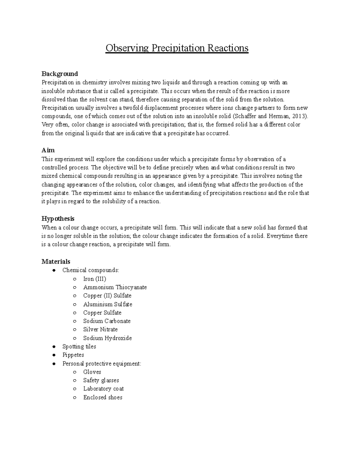 Chemistry 101: Assessment on Precipitation Reactions - Studocu
