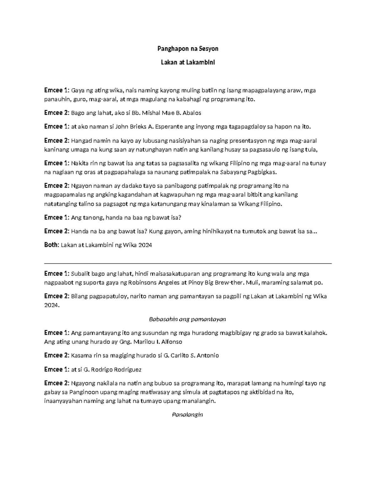 Pagsasagawa ng Lakan at Lakambini ng Wika 2024: Script ng Sesyon - Studocu