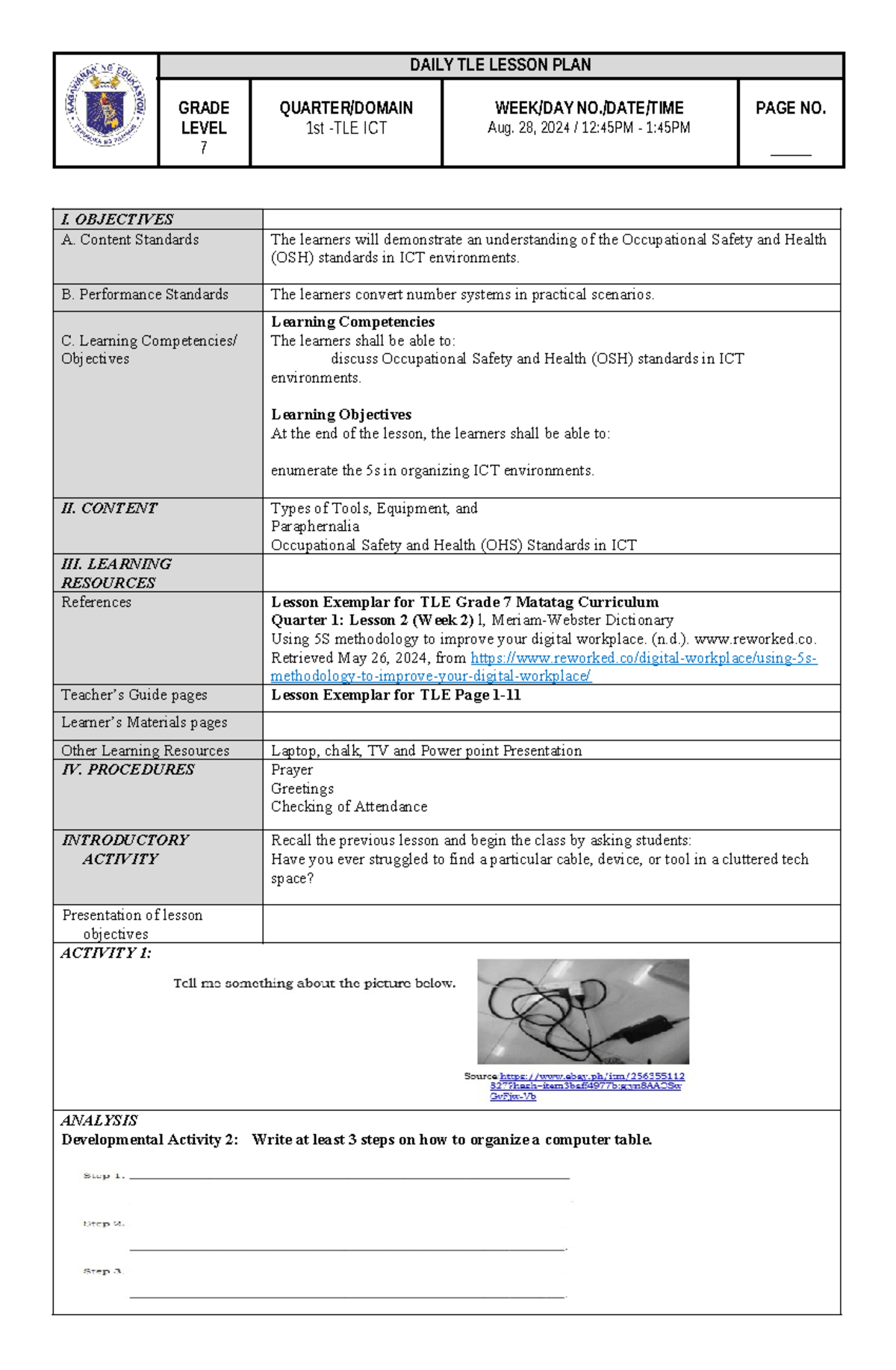 TLE ICT Q1 L2 - Daily Lesson Plan on Occupational Safety & 5S Method ...