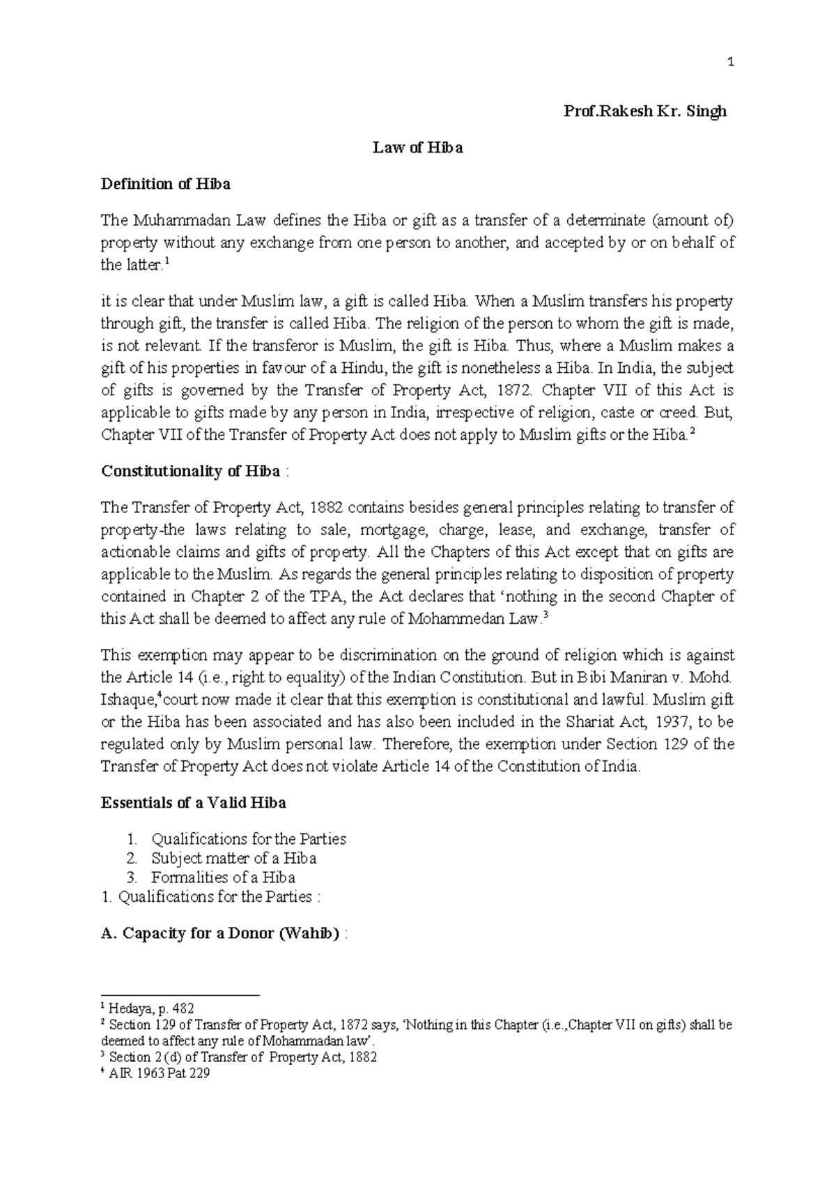 Hiba pdf 1 - Hiba pdf 1 - Prof Kr. Singh Law of Hiba Definition of Hiba ...