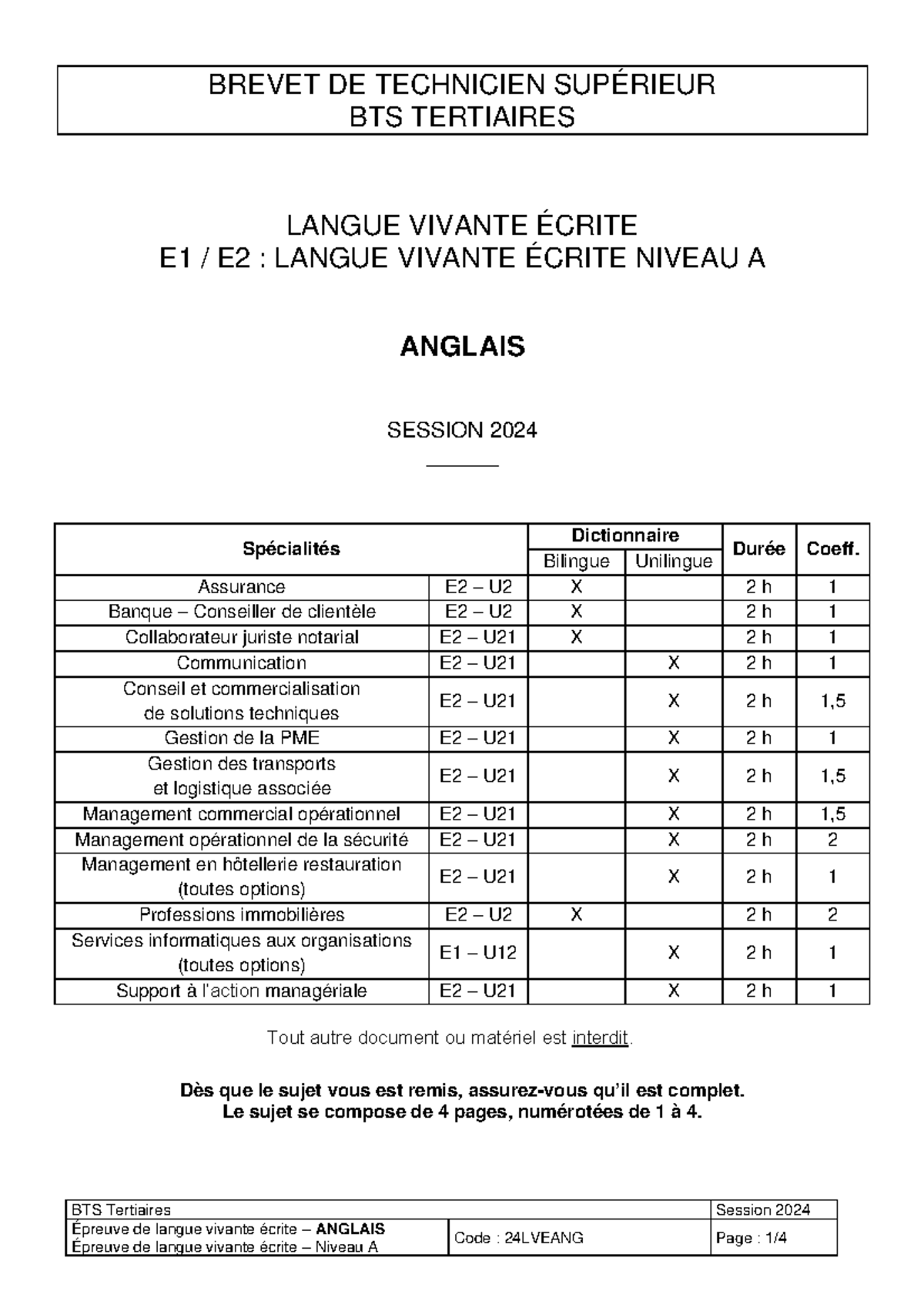 BTS LVA Anglais - Épreuve de Langue Vivante Écrite 2024 - Corrigé - Studocu