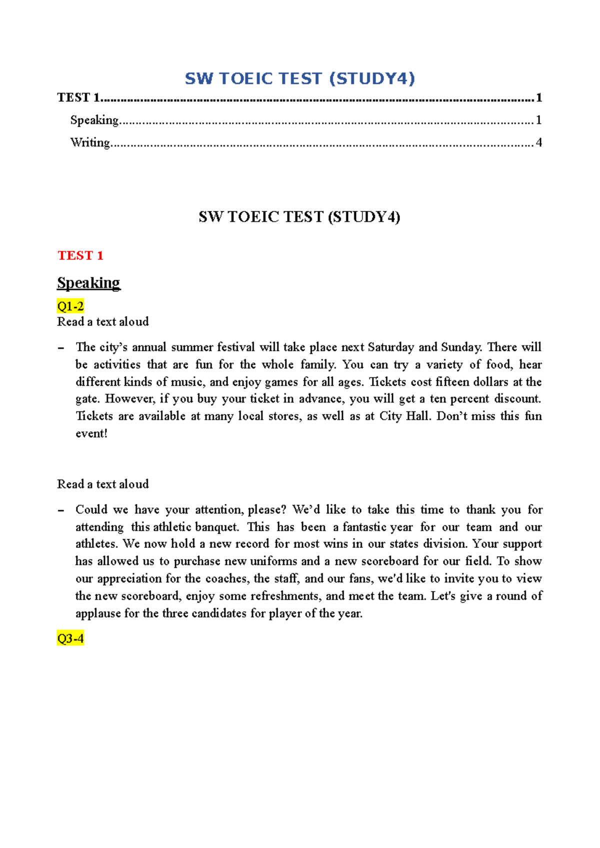 SW TOEIC TEST (STUDY4) TEST 1: Speaking & Writing Practice - Studocu