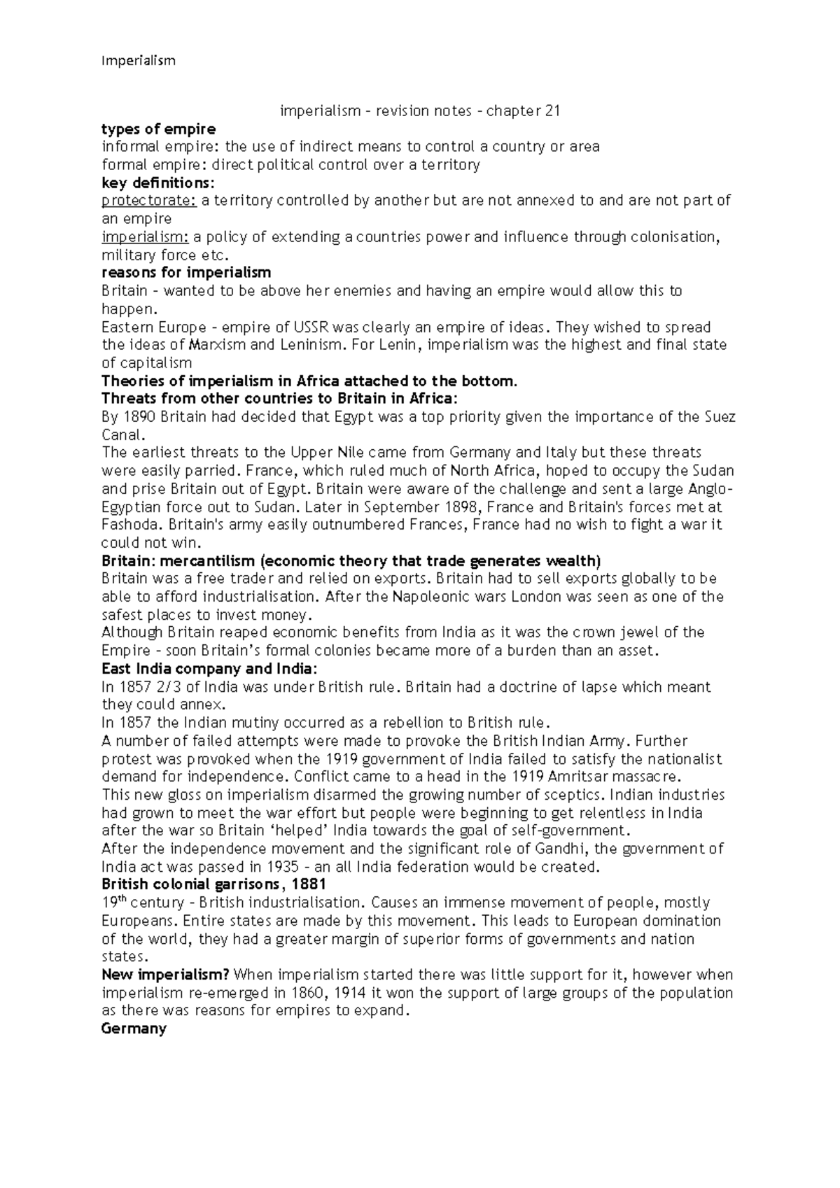 AP European History: Imperialism - Revision Notes for Chapter 21 - Studocu