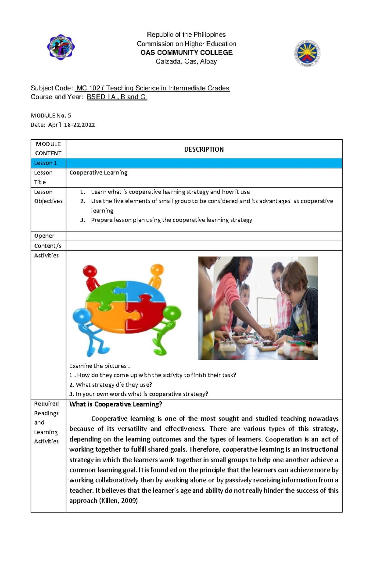 Module 3 Lesson 3 - Answer sheet - MODULE 3 LESSON 3 UNDERSTANDING THE ...