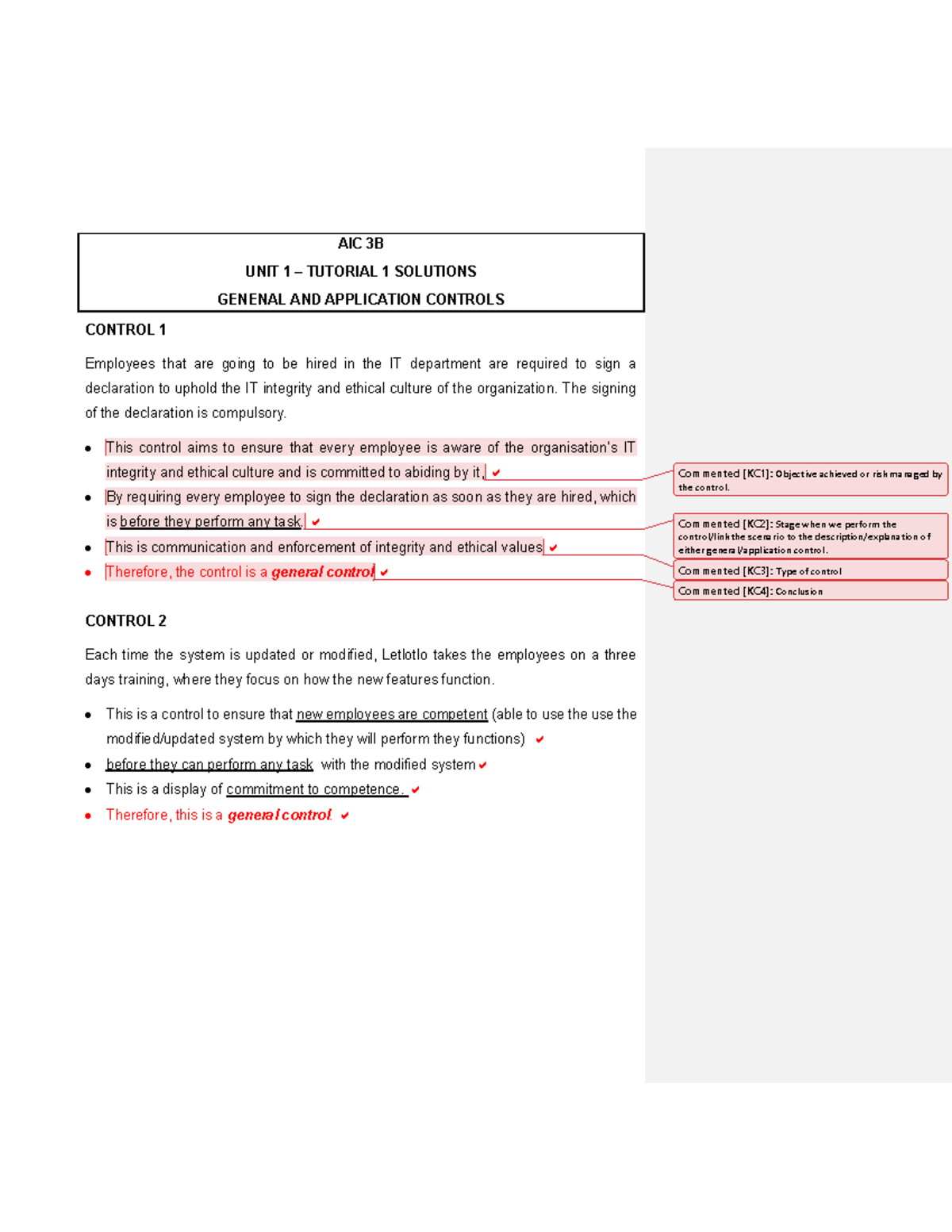 AIC 3B Unit 1 Tutorial 1 Solutions: General & Application Controls ...
