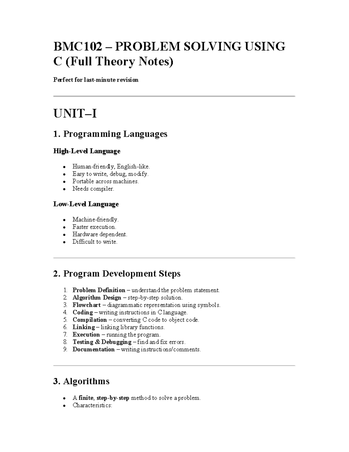 BMC102 C Programming Theory Notes for Effective Problem Solving - Studocu