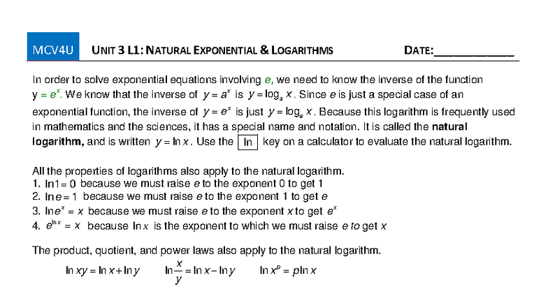 MCV4U Unit 3 Lesson 1: Natural Exponential Logarithms Notes - Studocu