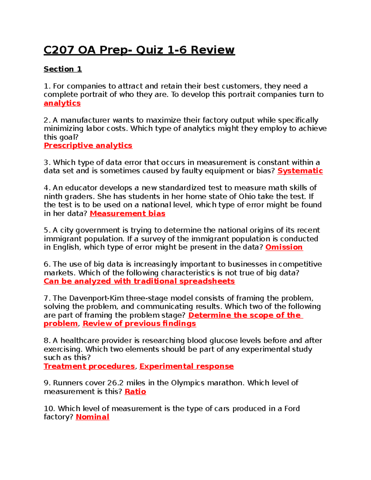 C207 OA Prep - Quiz 1-6 Comprehensive Review Guide - Studocu
