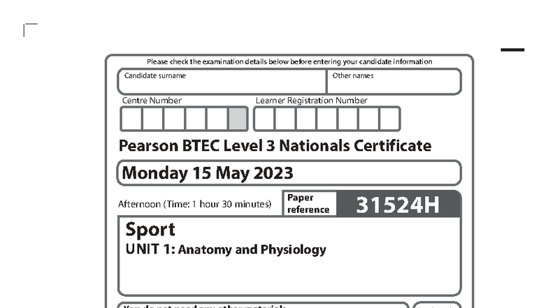 BTEC Level 3 Sport Unit 1: Anatomy & Physiology Exam Paper - June 2023 ...