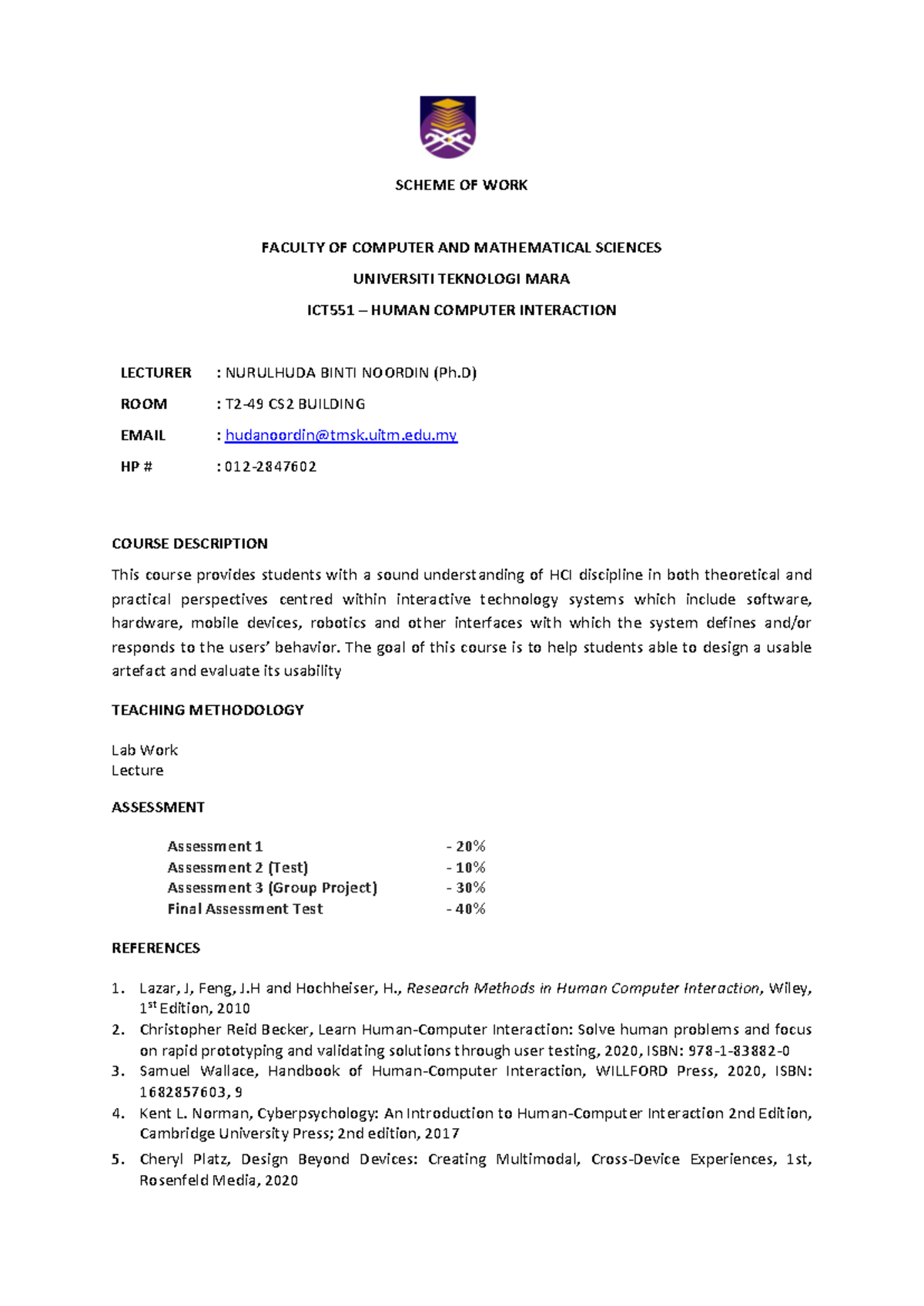 SOW ICT551: Human-Computer Interaction Course Outline (Oct 2025) - Studocu