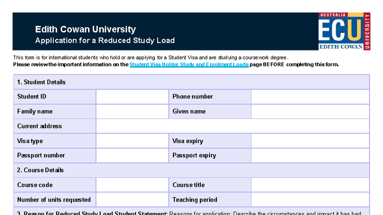 ECU Application for Reduced Study Load for International Students - Studocu