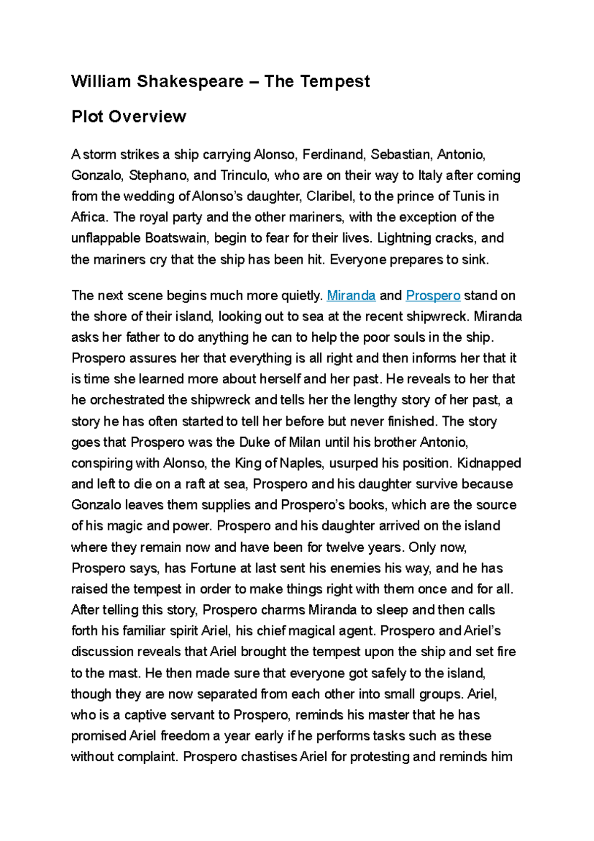 William Shakespeare - The Tempest - Summary plot - William Shakespeare ...
