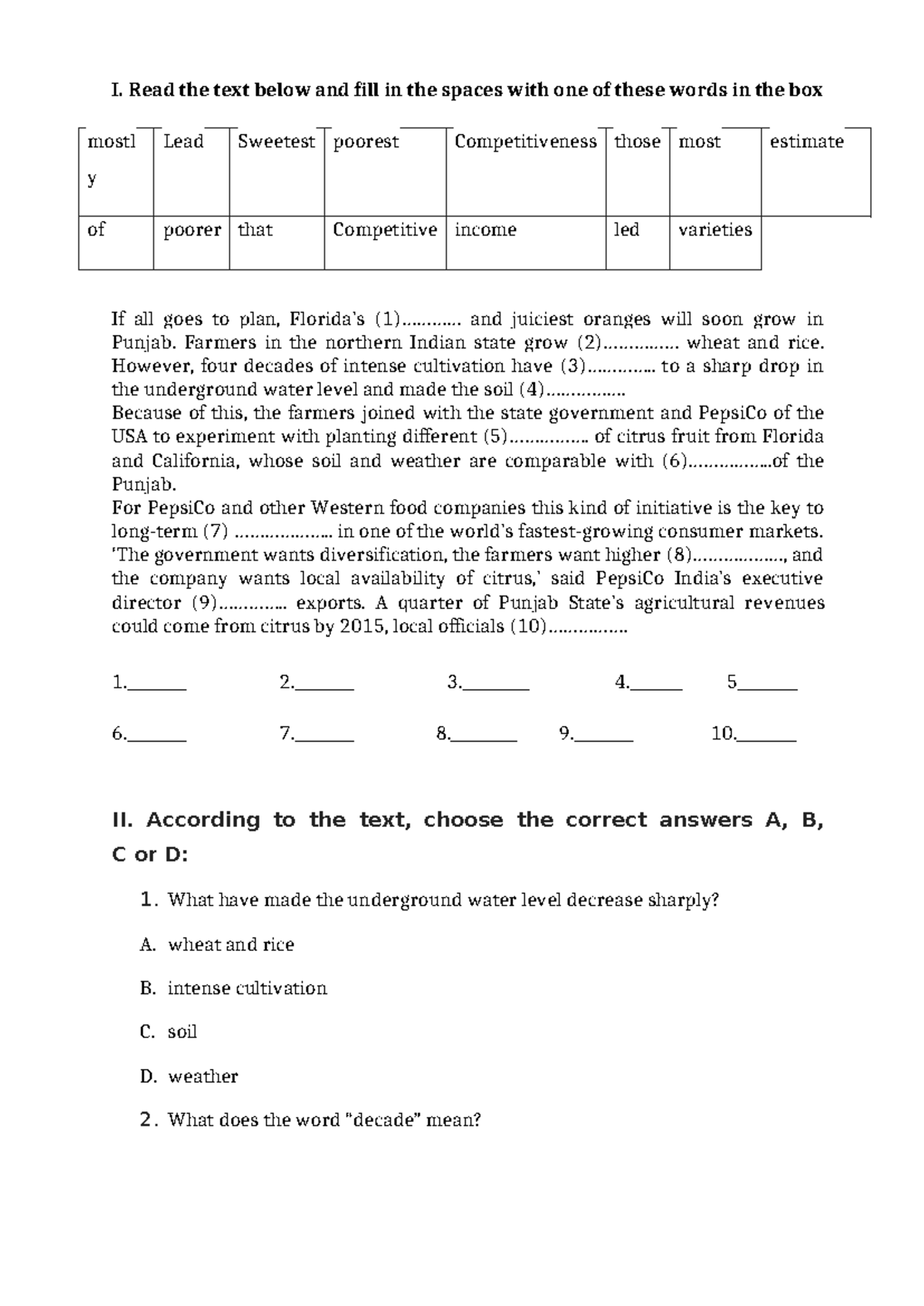 Reading Text Answer Keys for Course Code: [Insert Course Code Here ...