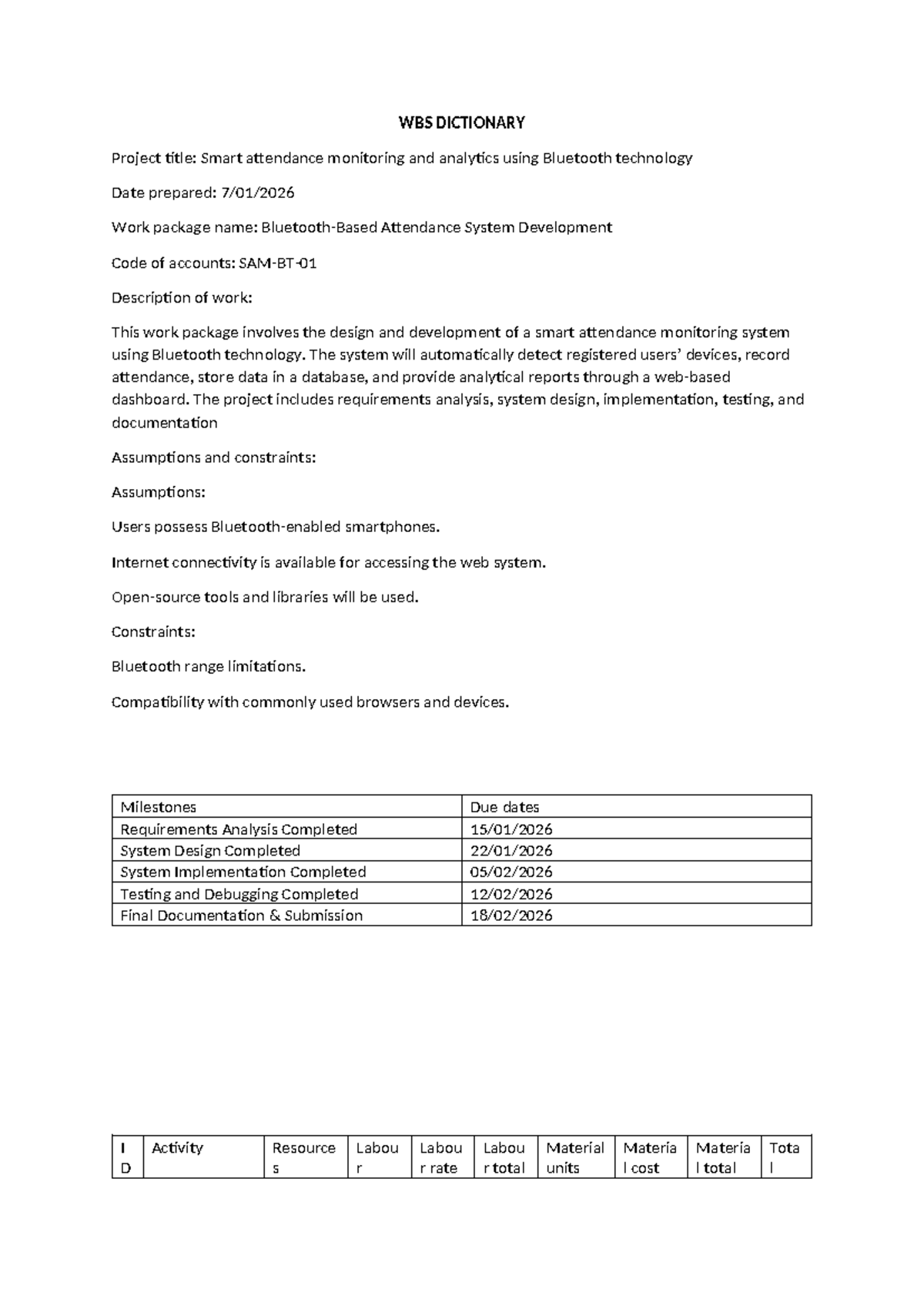 WBS Dictionary for Project: Smart Attendance System (Bluetooth Tech ...