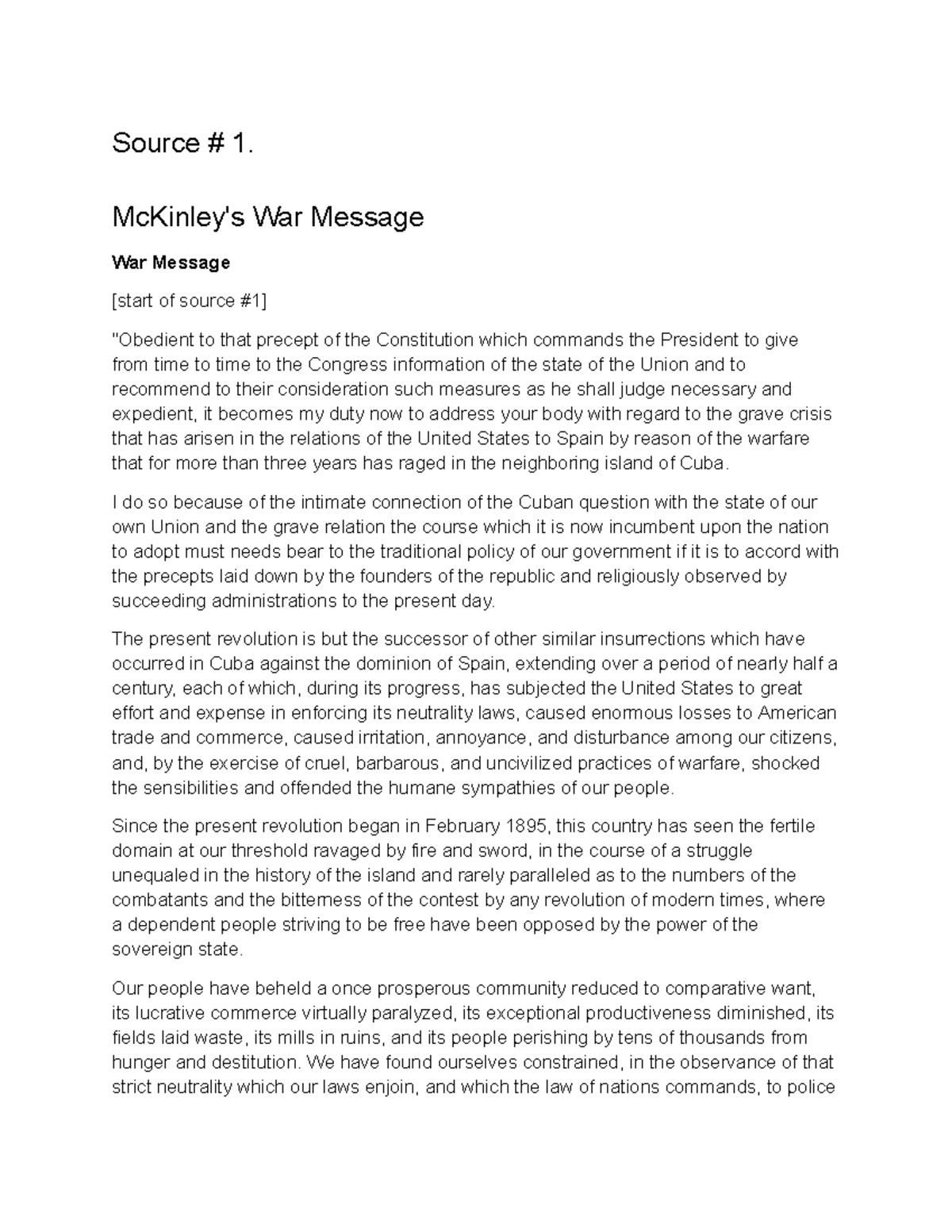 McKinley’s War Message on Cuban Crisis: Analysis & Historical Context ...