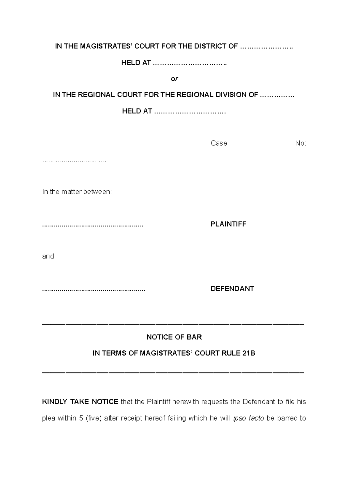 Notice of Bar & Extension of Time - Magistrates' Court Rules 21B, 60 ...