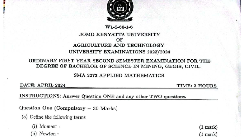 SMA 2273 Applied Mathematics Sample Exam - April 2024 - Studocu