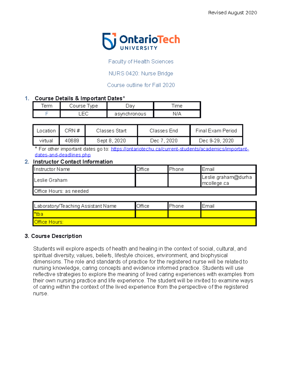NURS0420: Nurse Bridge Fall 2020 Course Syllabus and Details - Studocu