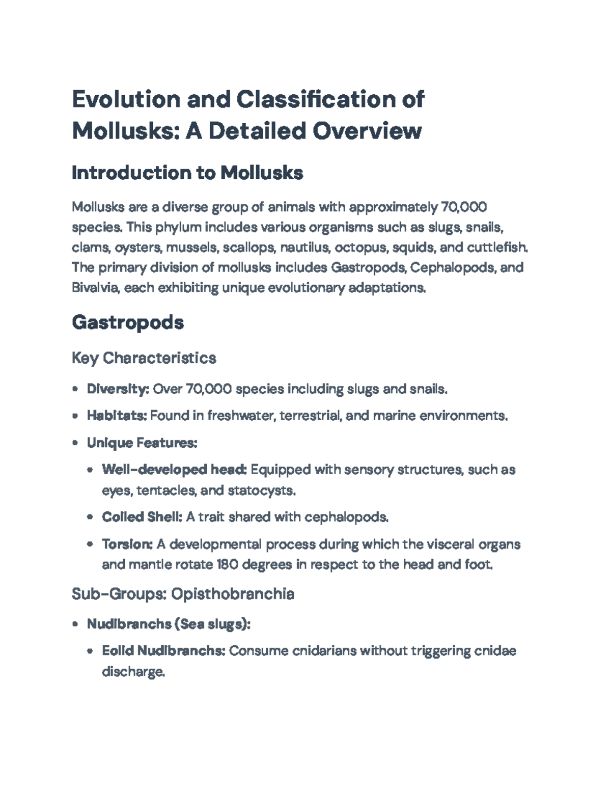 Evolution and Classification of Mollusks: Detailed Overview Document ...