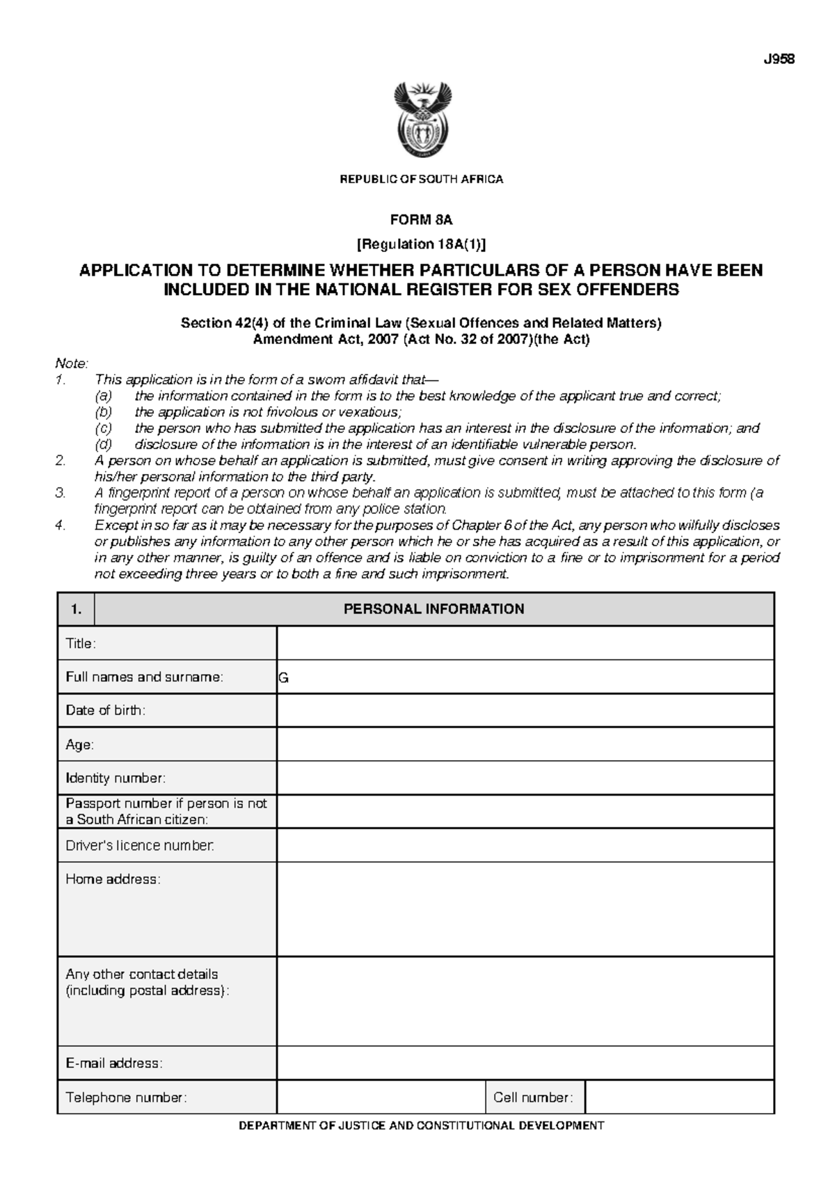 J958 Application for National Register of Sex Offenders in SA - Studocu
