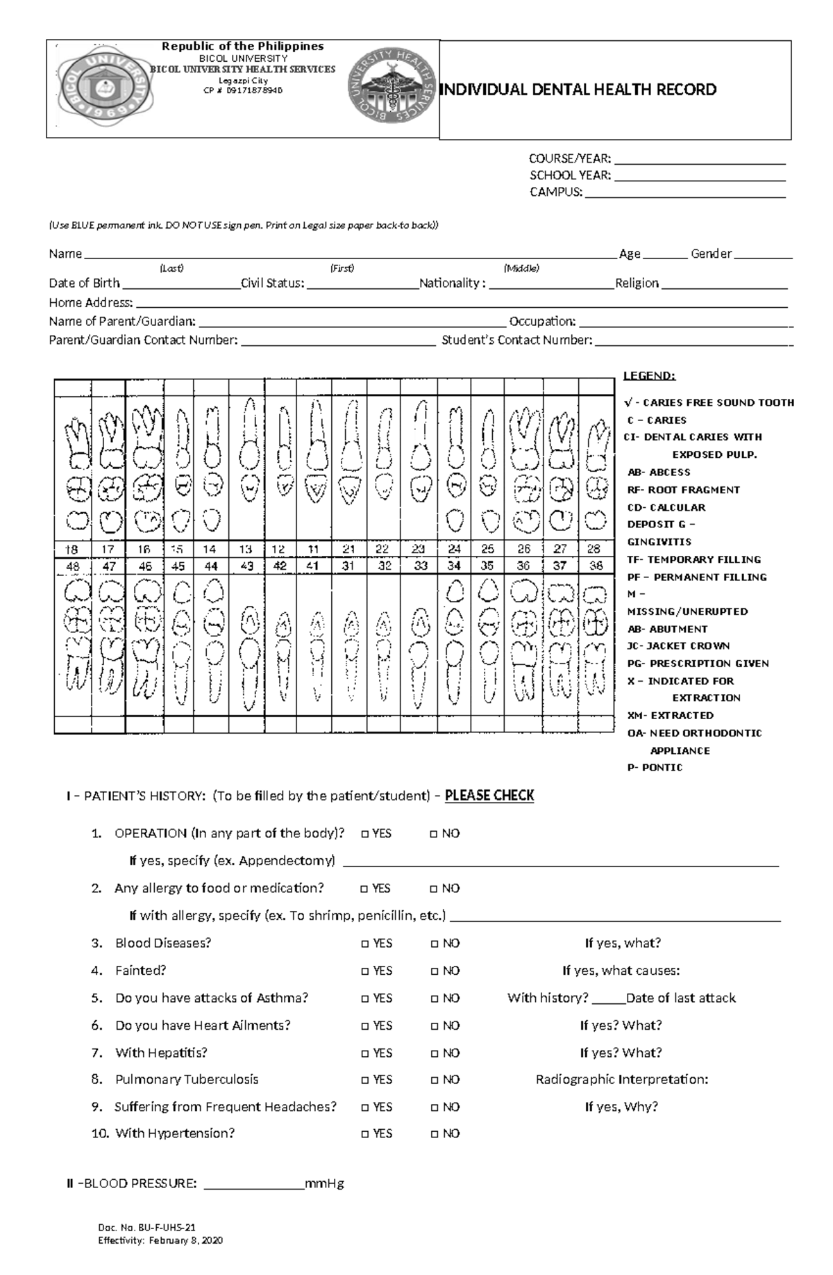 Individual Dental Health Record - Republic of the Philippines BICOL ...