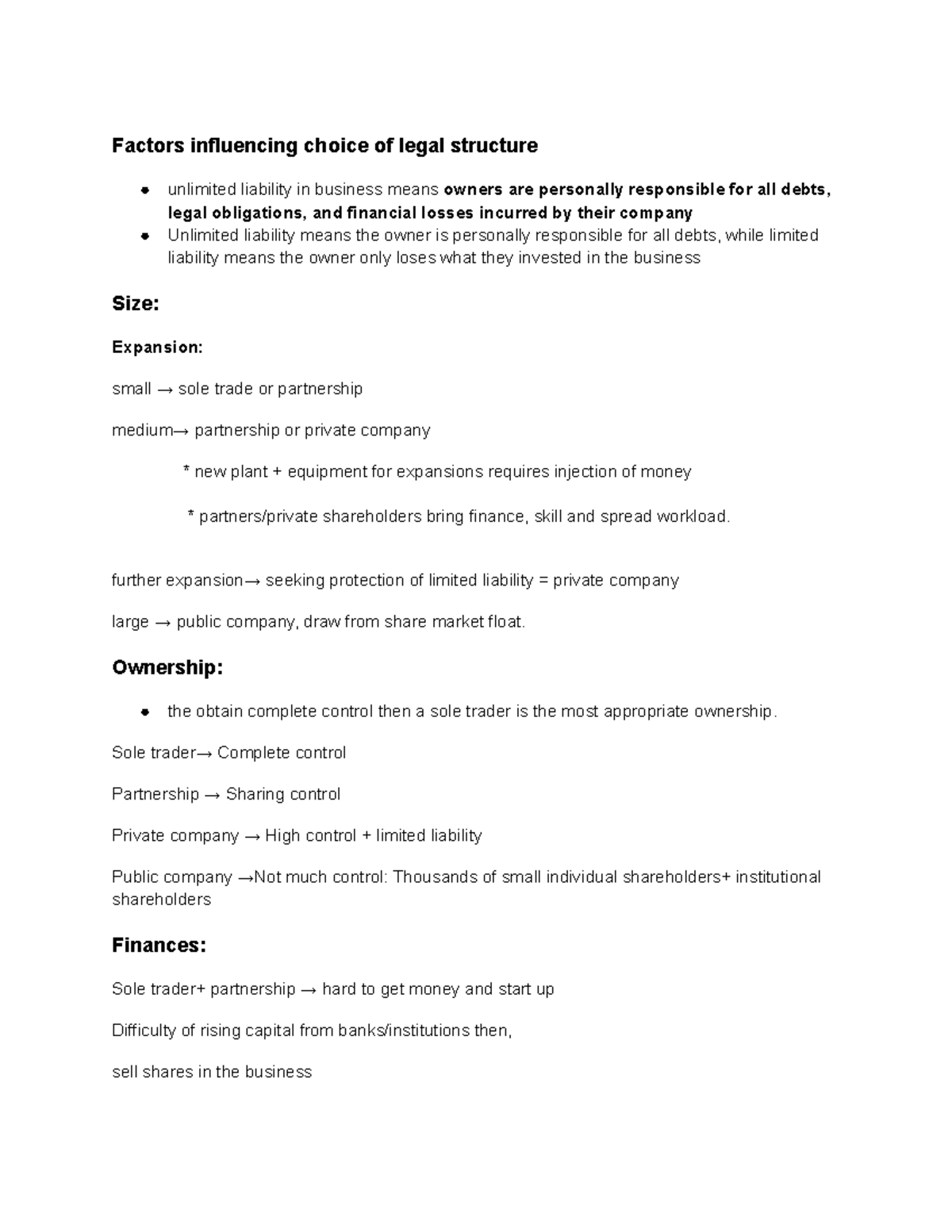 Business Studies Notes: Factors Influencing Legal Structure Choices ...