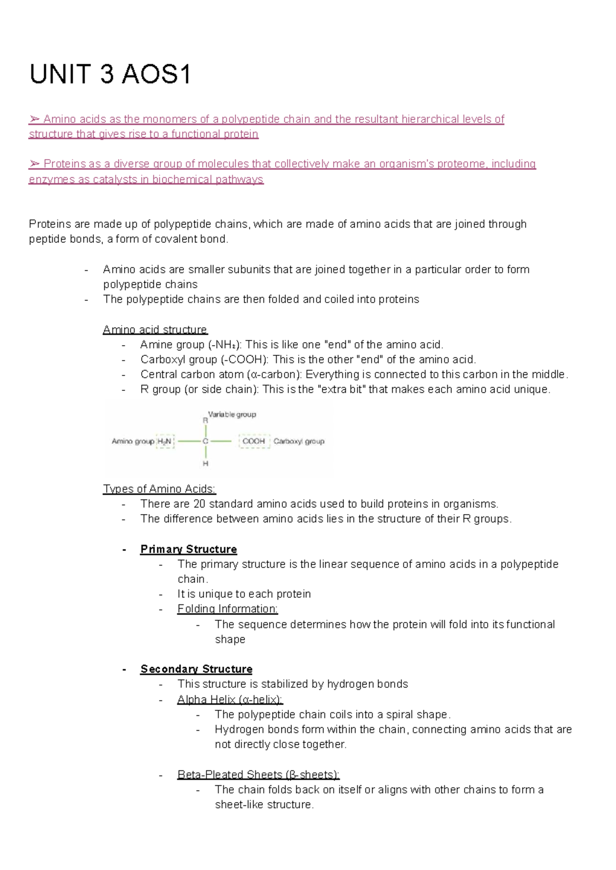 Unit 3 & 4 Biology Notes: Amino Acids, Proteins, and Nucleic Acids ...