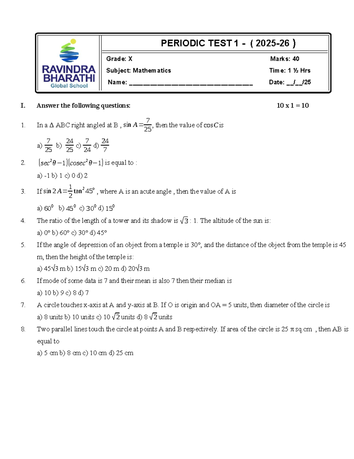 RBGS - Class 10 - Periodic Test 1 - Mathematics Exam Questions - Studocu