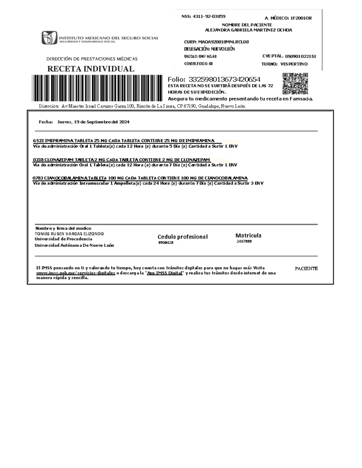 Receta Individual IMSS No. 457764 - Paciente: Alejandra Martinez - Studocu