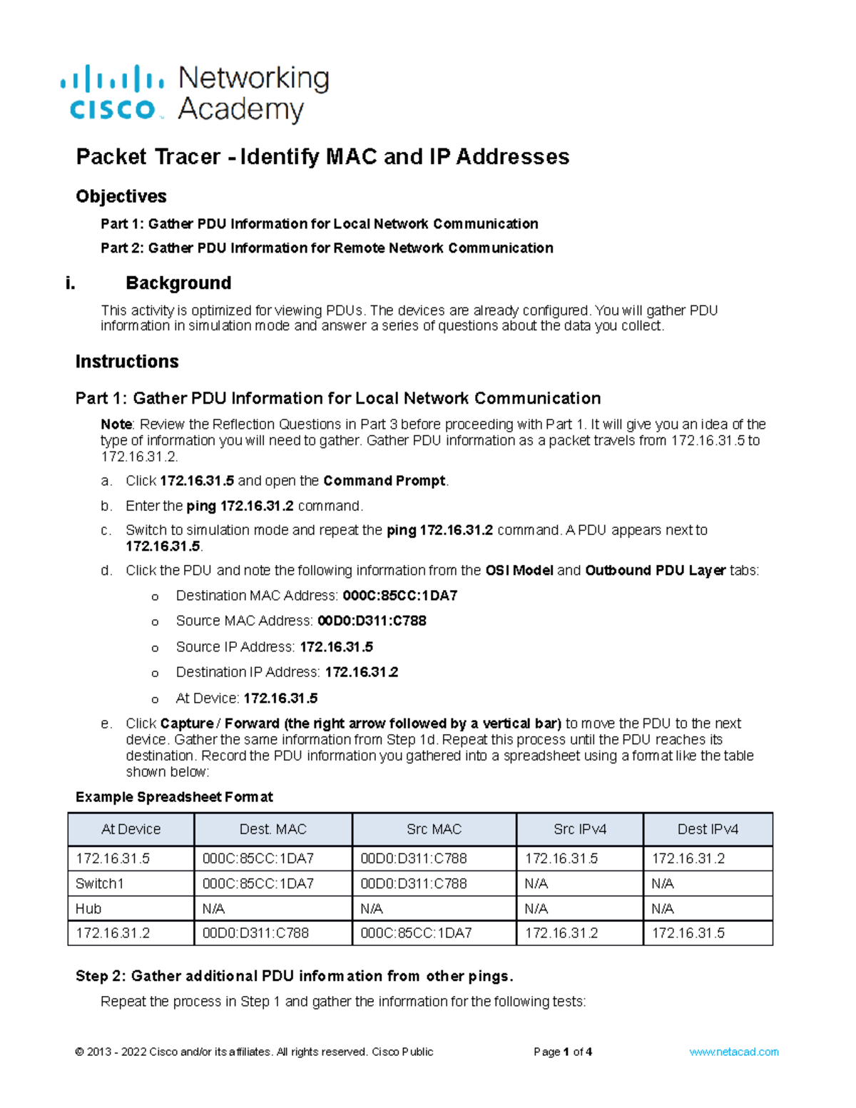 9.1.3 Packet Tracer - Analyzing MAC & IP Addresses for Network Comm - Studocu