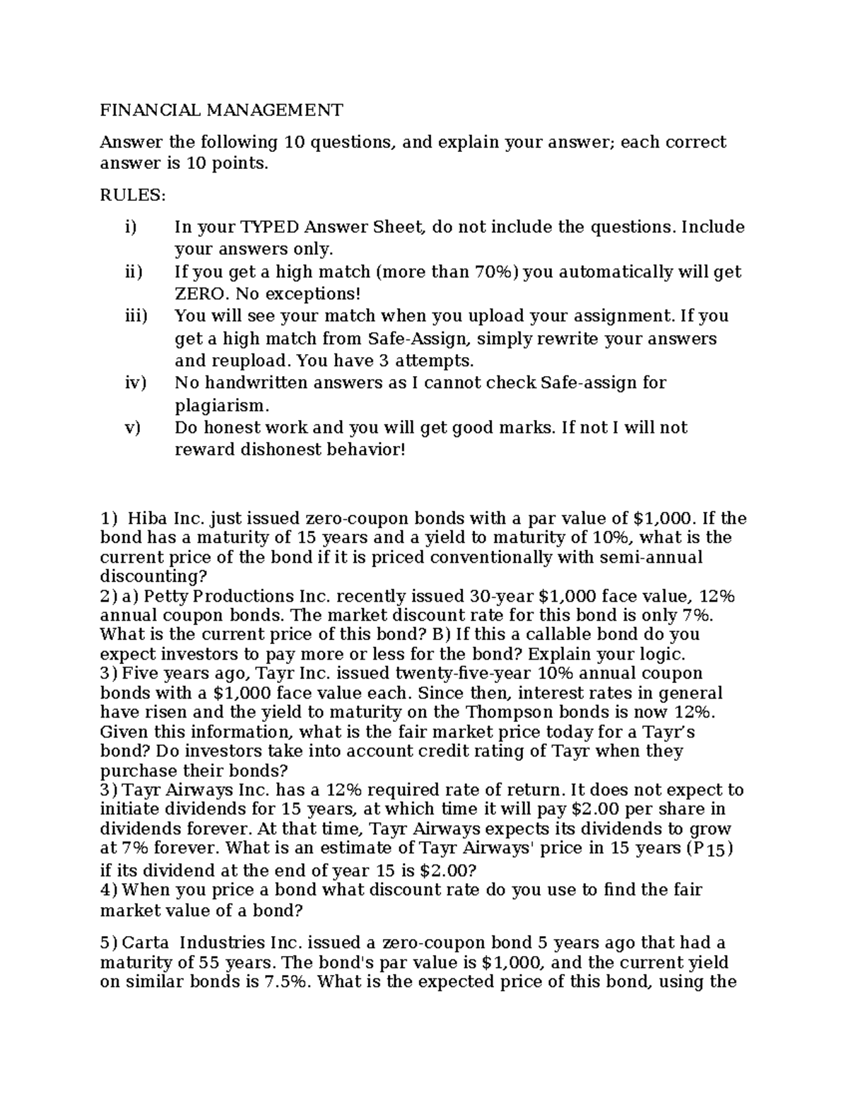 Financial management assignment 4: Answering 10 key questions - Studocu