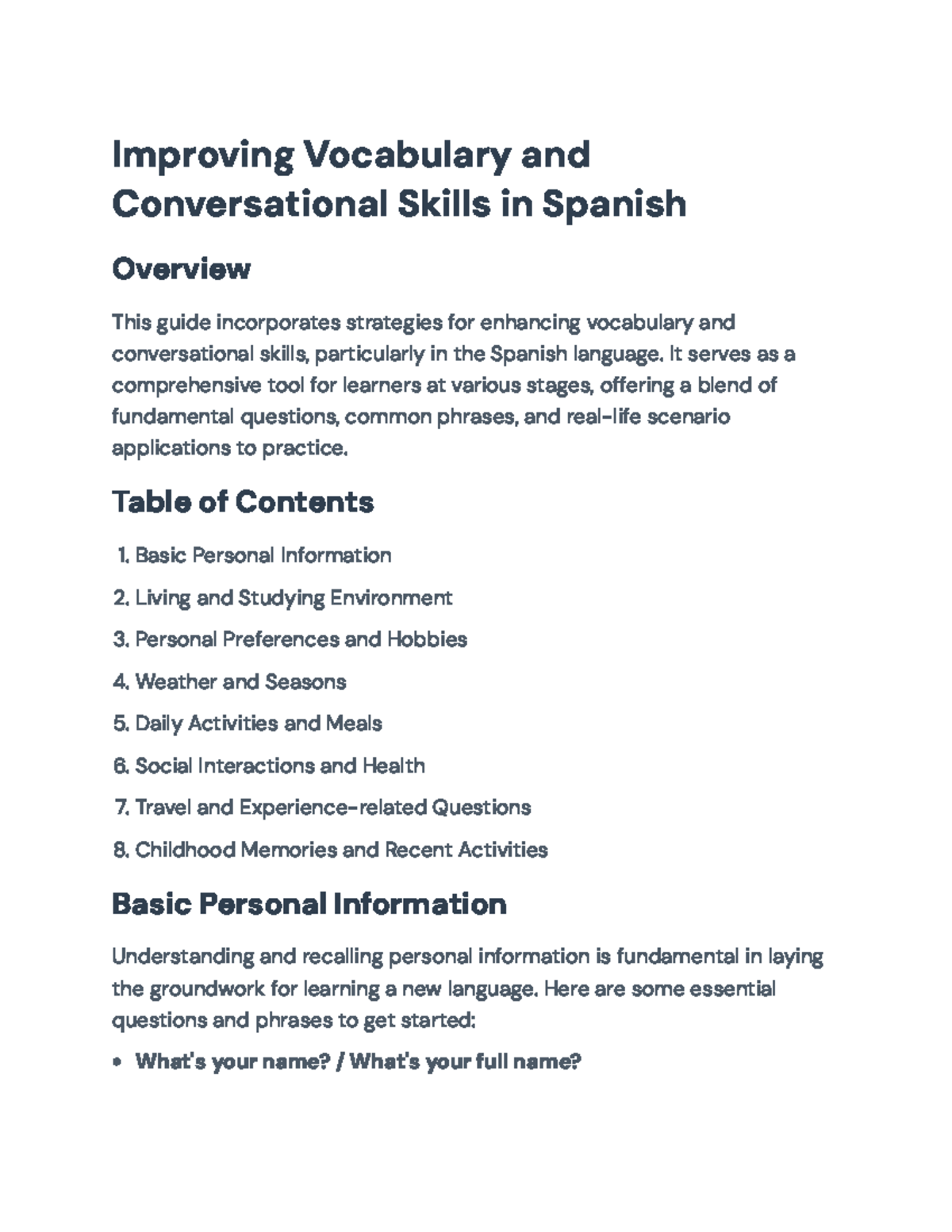 Conversational Skills and Vocabulary Development in Spanish - Improving ...