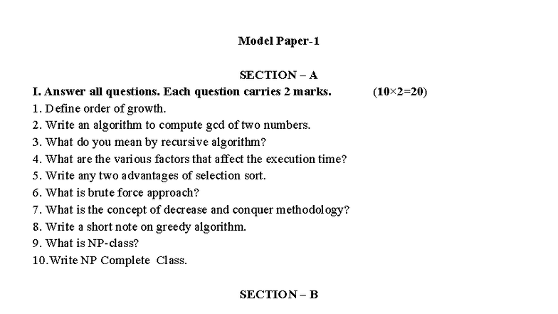 ADA Preparatory Exam Question Paper: Algorithm Concepts & Techniques ...