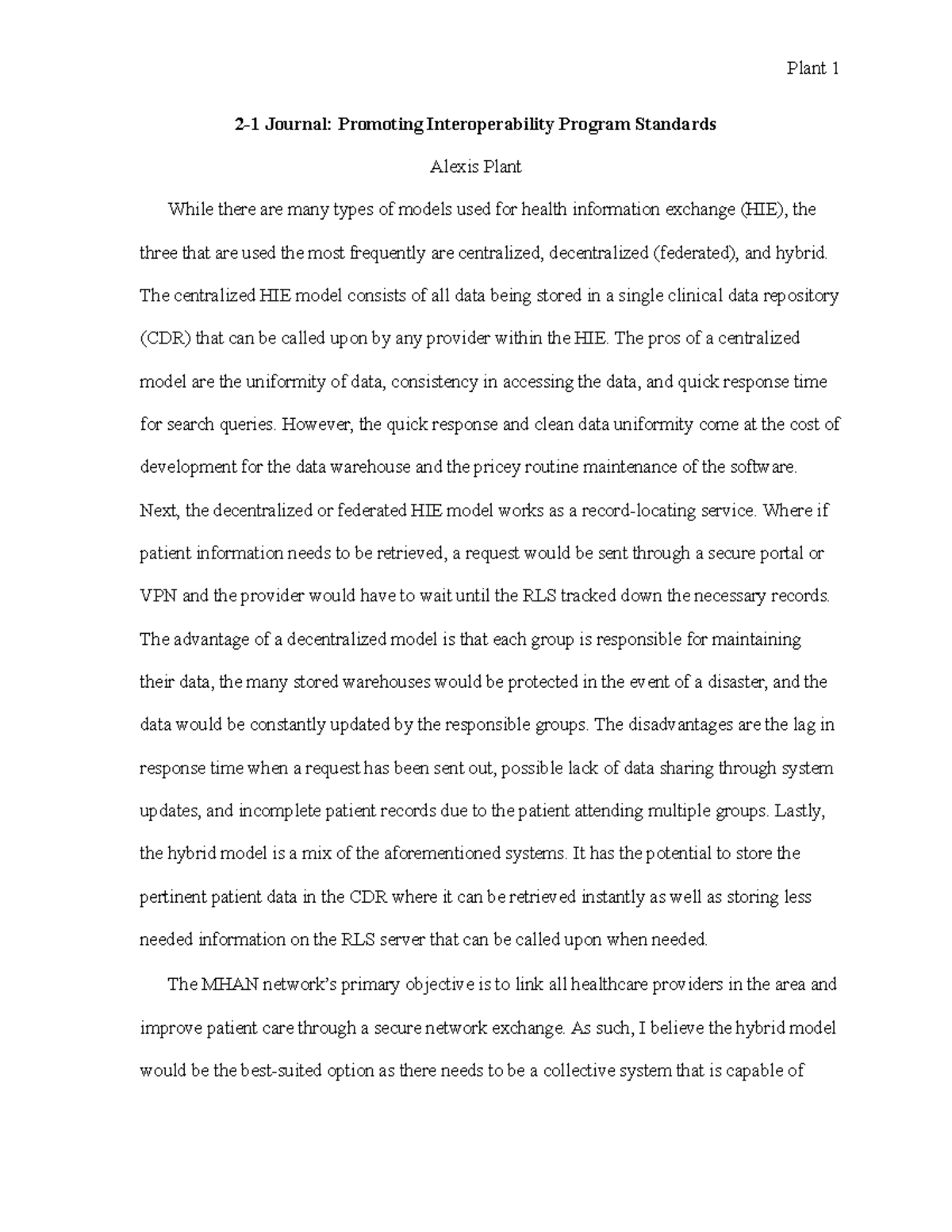 2-1 Journal - Plant 1 2-1 Journal: Promoting Interoperability Program ...