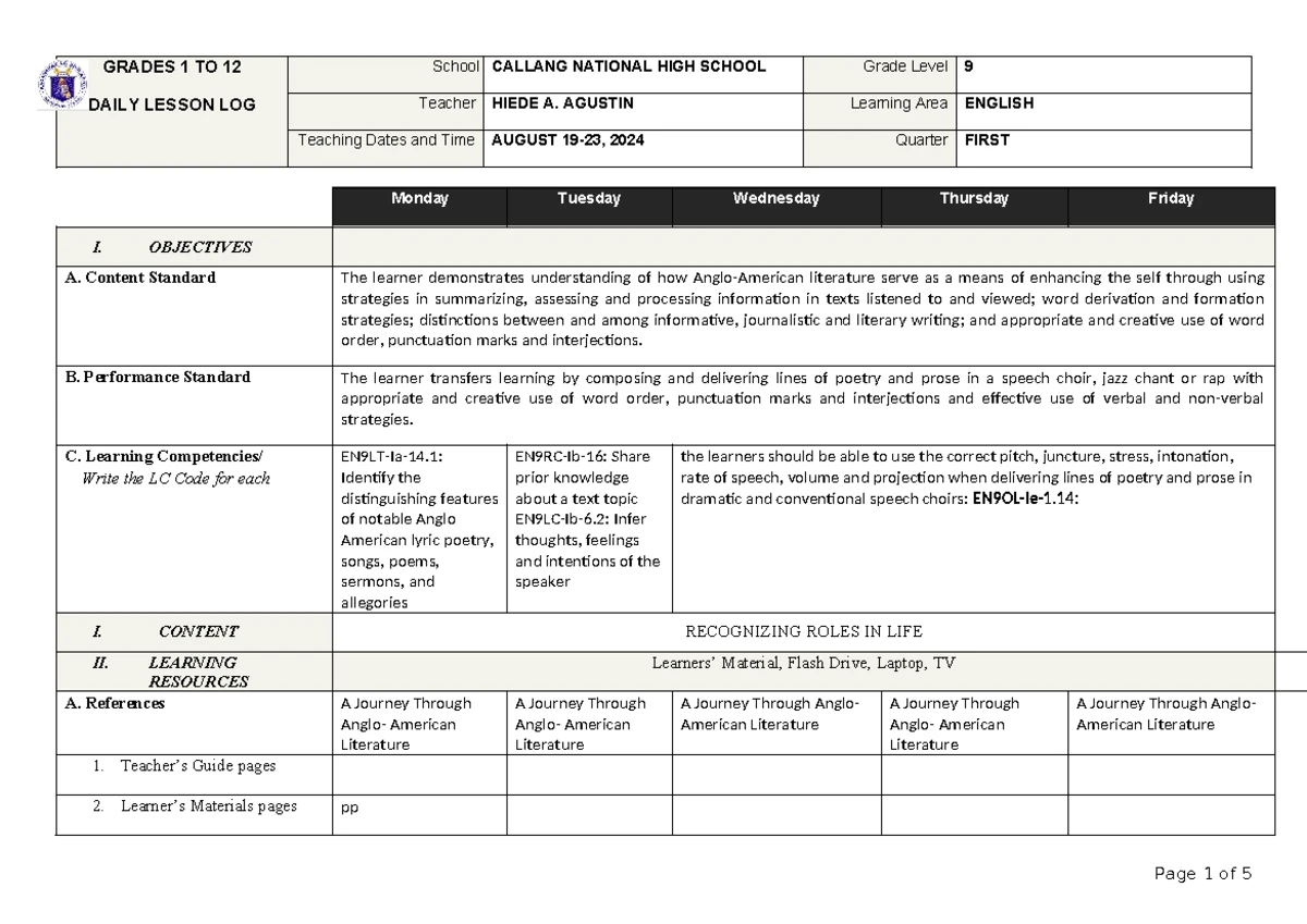 WEEK 1 DLL ENGLISH 9 - Quarter 1 2024-2025 Daily Lesson Log - Studocu