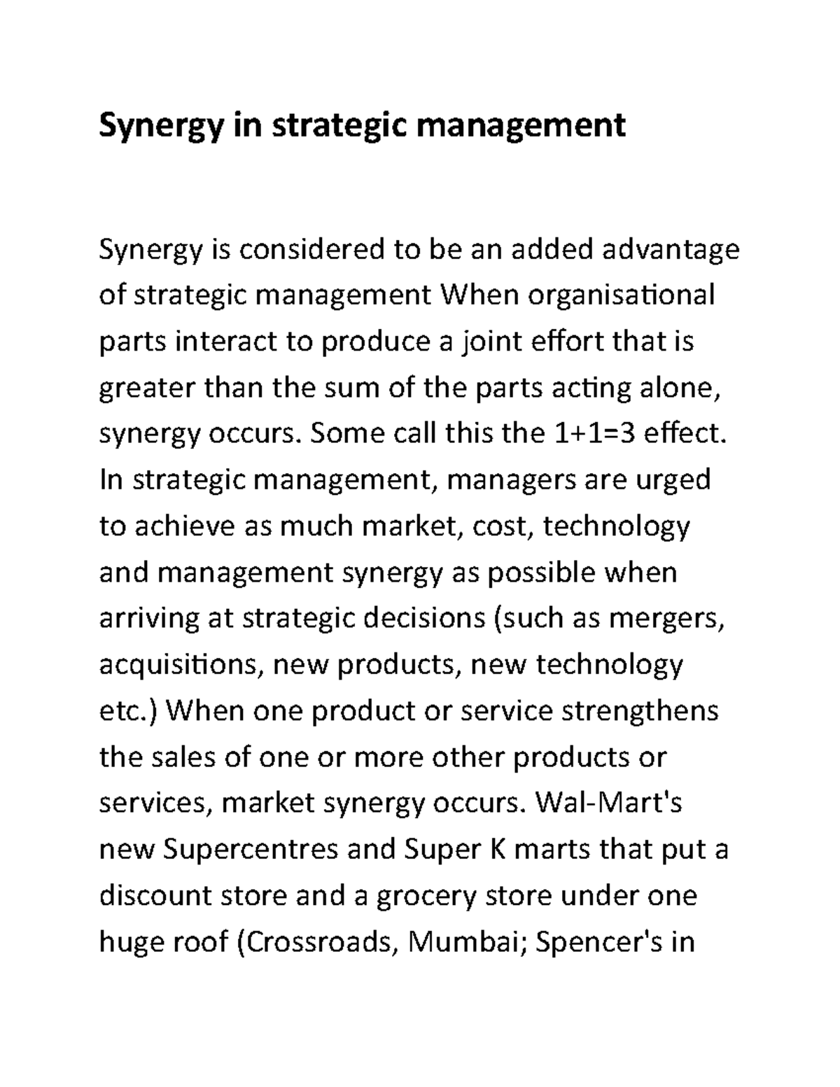 Strategic Management: Exploring Synergy Benefits and Applications - Studocu