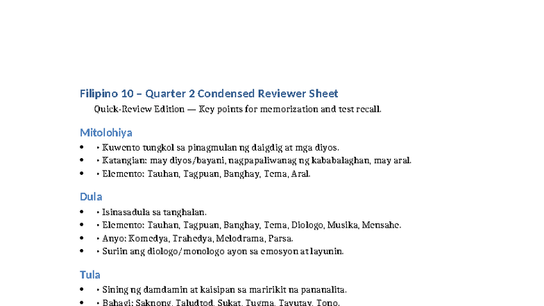 Filipino 10 Q2 Condensed Reviewer: Key Points for Test Recall - Studocu