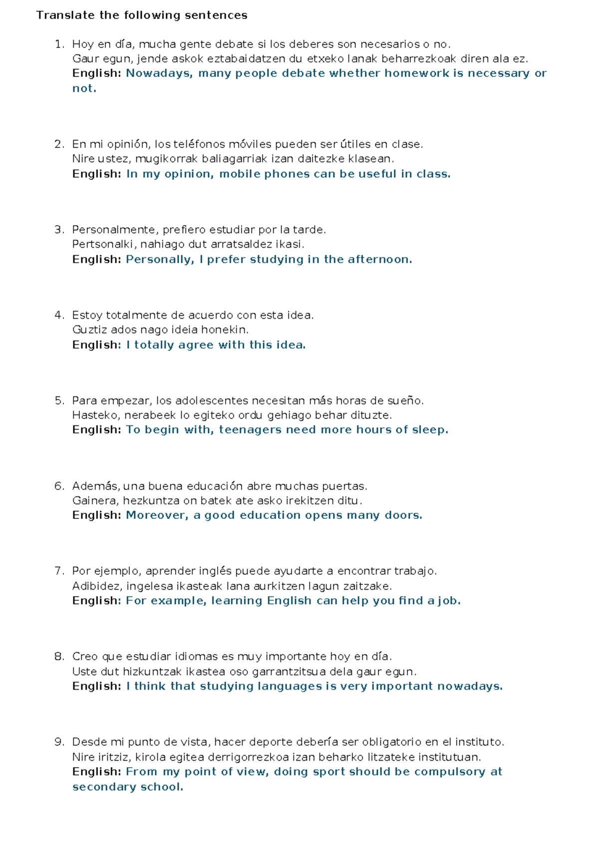 Translation Exercise: Sentences from Spanish to English - Studocu