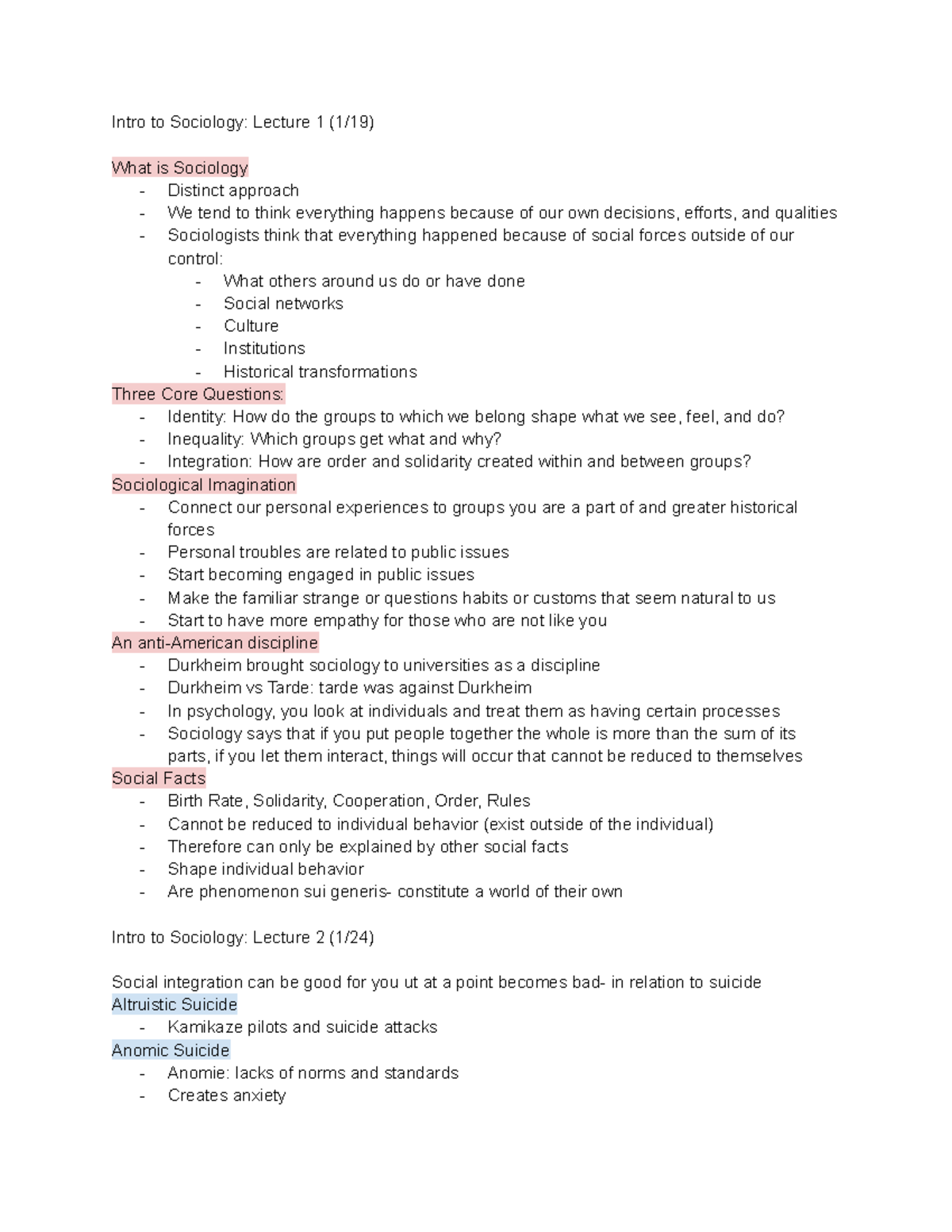 Intro to Sociology - Soc 1 Notes - Intro to Sociology: Lecture 1 (1/19 ...