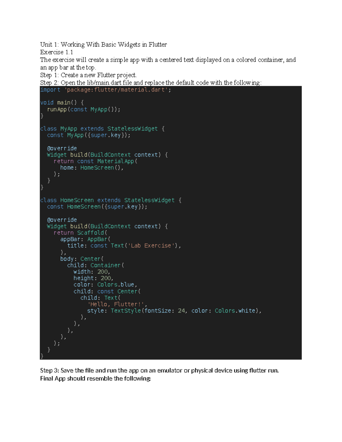 Exercises and Tutorials Part 1: Basic Flutter Widgets (CS101) - Studocu