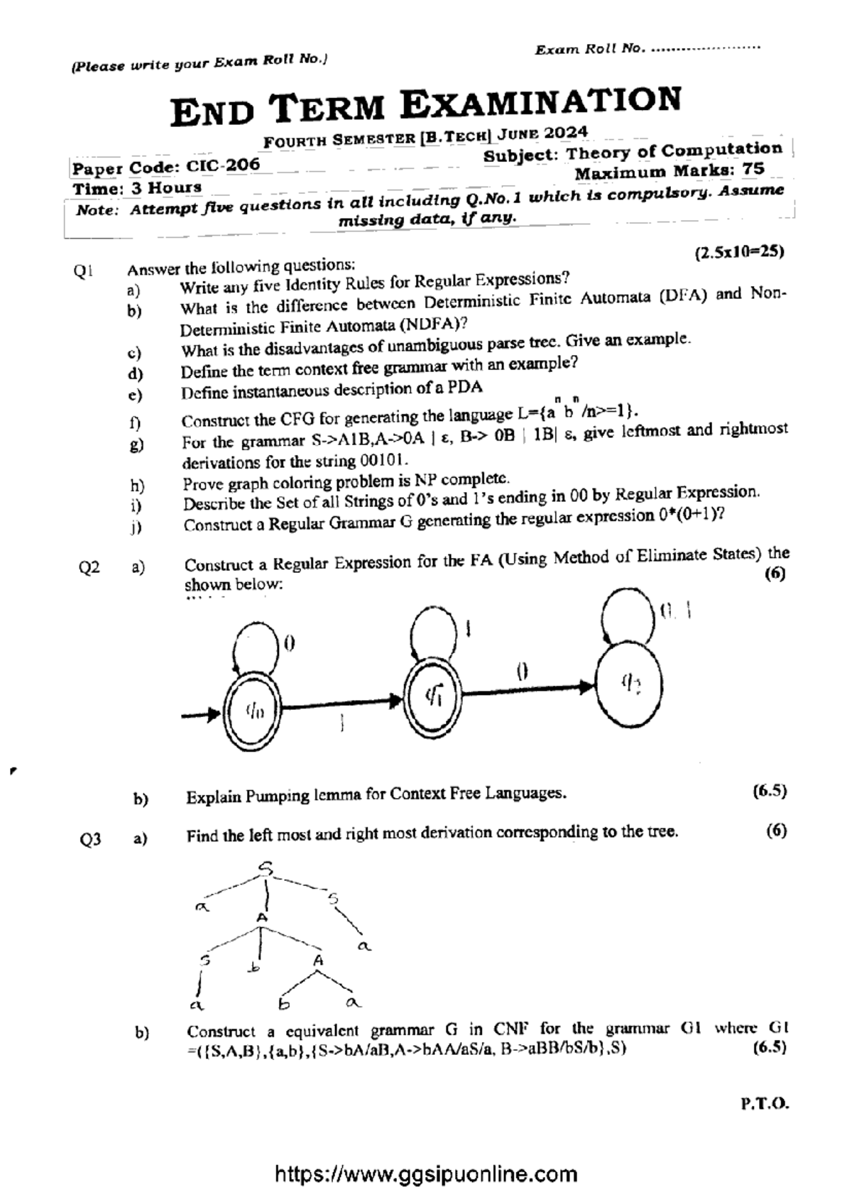 Theory of Computation - End Term Exam (June 2024) - Paper Code: 75 ...