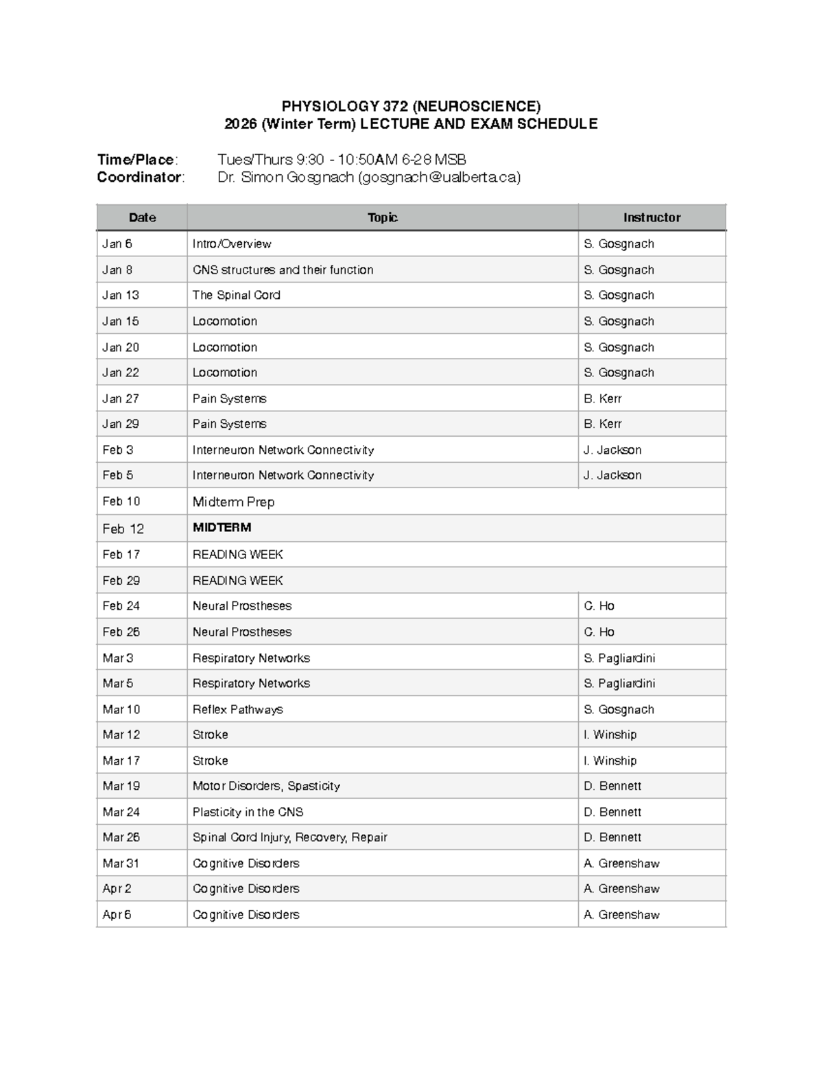 PHYSIOLOGY 372 (NEUROSCIENCE) 2026 LECTURE & EXAM SCHEDULE - Studocu